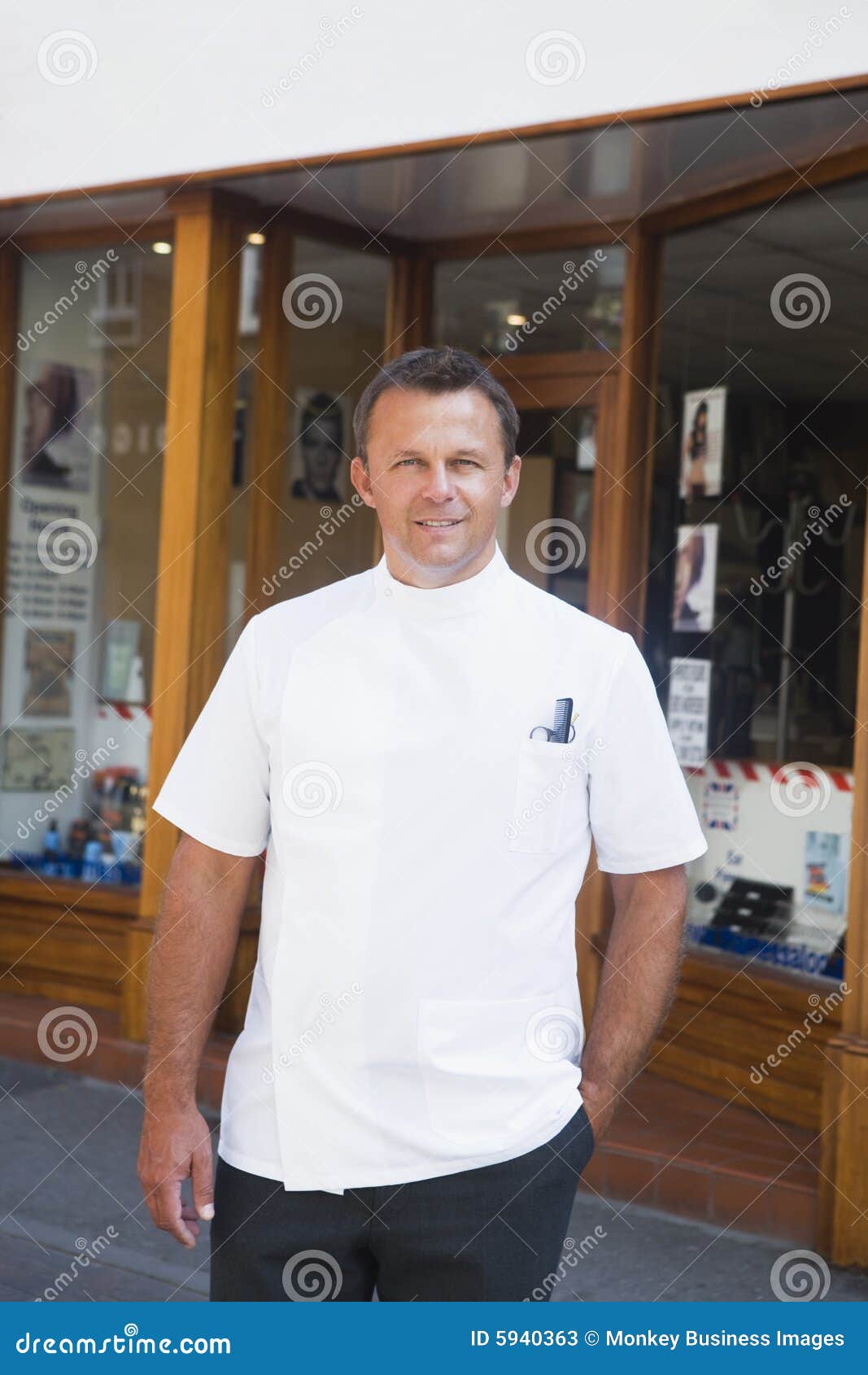 Barber Standing Outside Shop. Stock Image - Image of aged, hairdressers ...