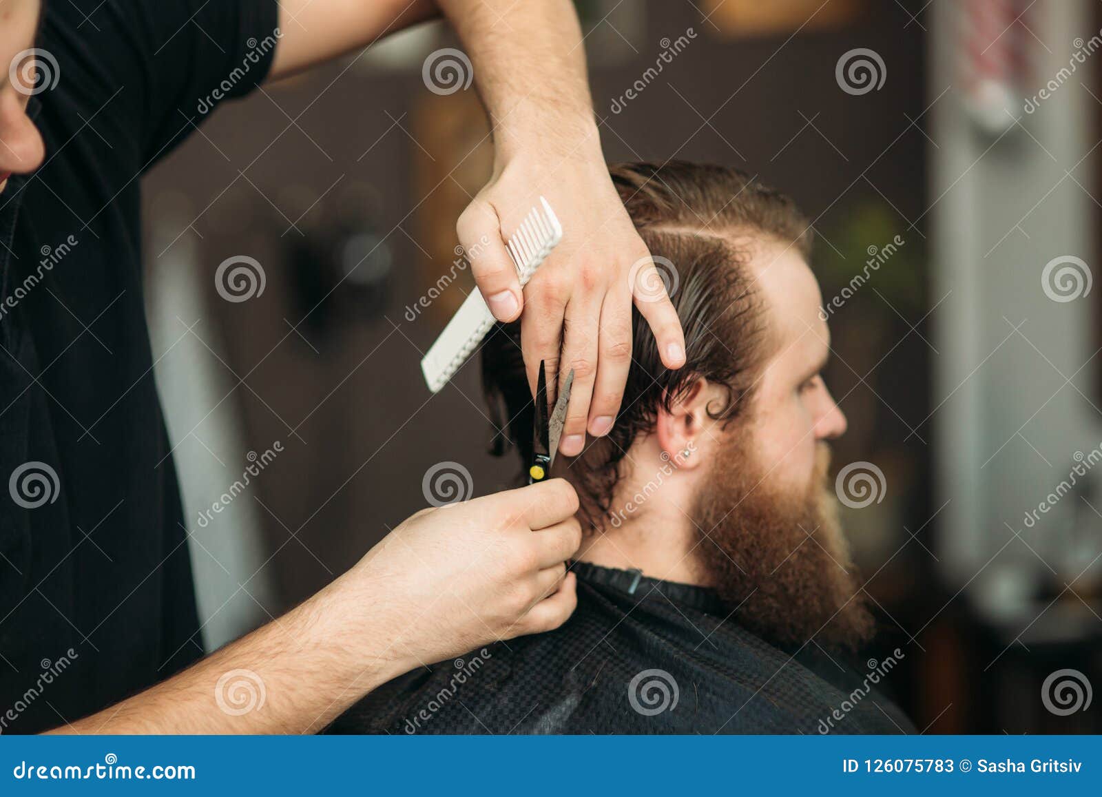 Barber Using Scissors and Comb in Barbershop Stock Image - Image of ...
