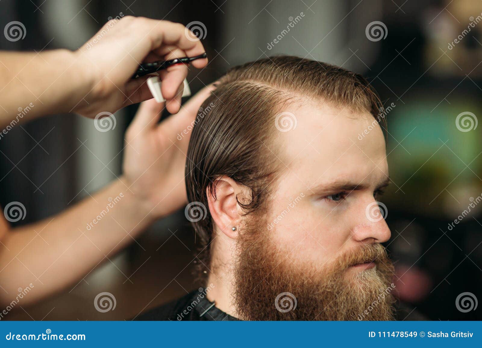 Barber Using Scissors and Comb in Barbershop Stock Image - Image of ...