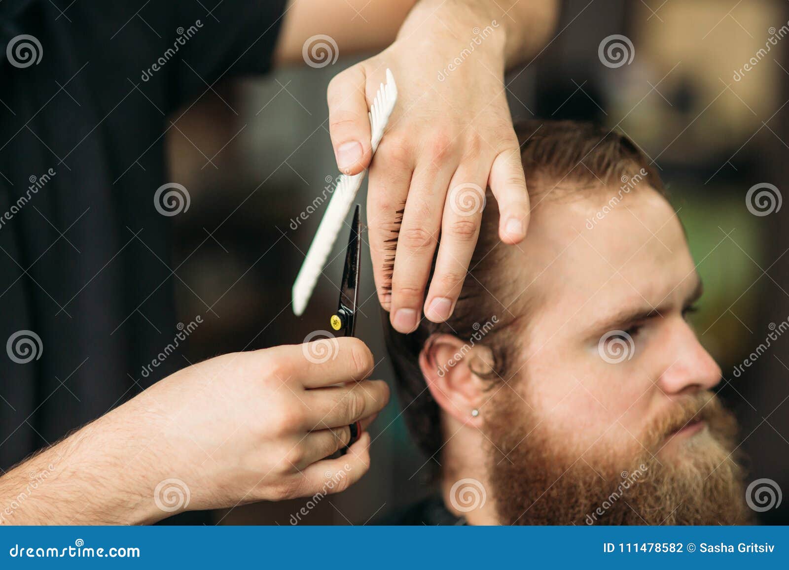 Barber Using Scissors and Comb in Barbershop Stock Photo - Image of ...