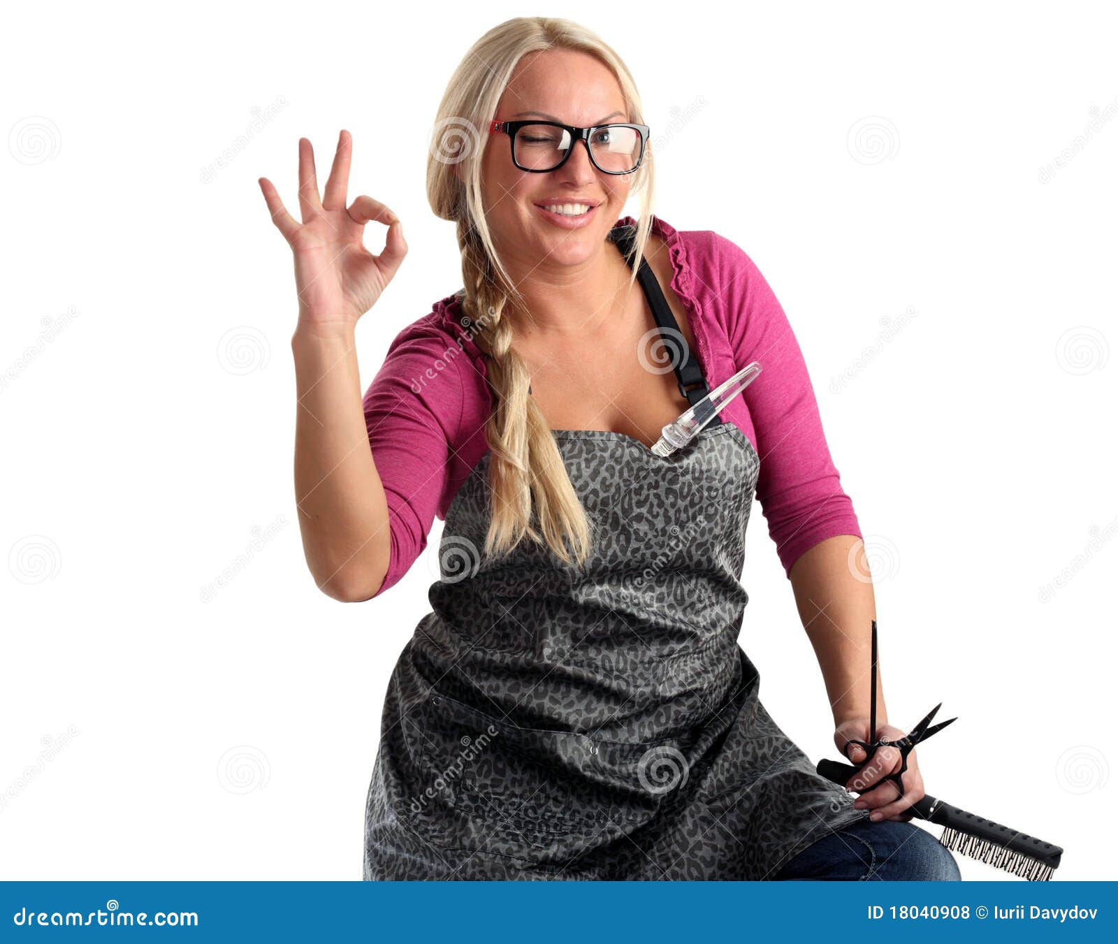 Barber Woman with Scissors Shows Okay Studio Shot Stock Photo - Image ...