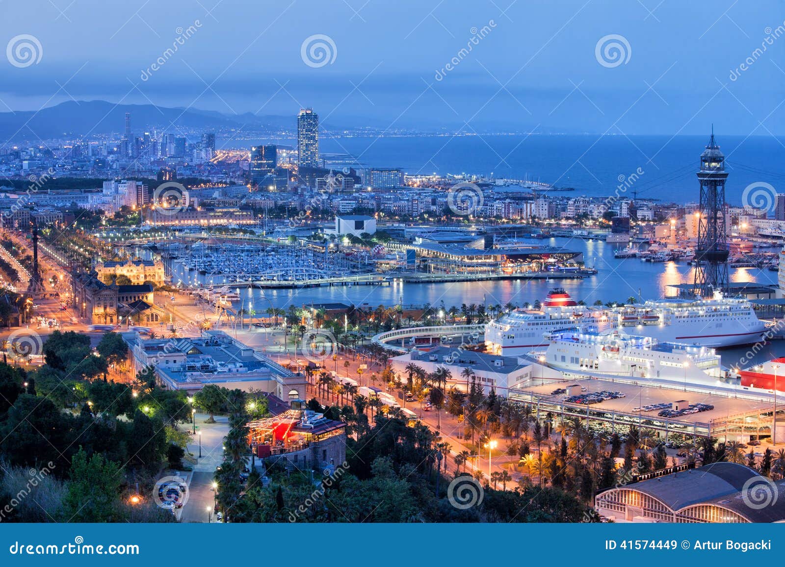Barcelona Cityscape at Night Stock Image - Image of metropolis, ocean ...