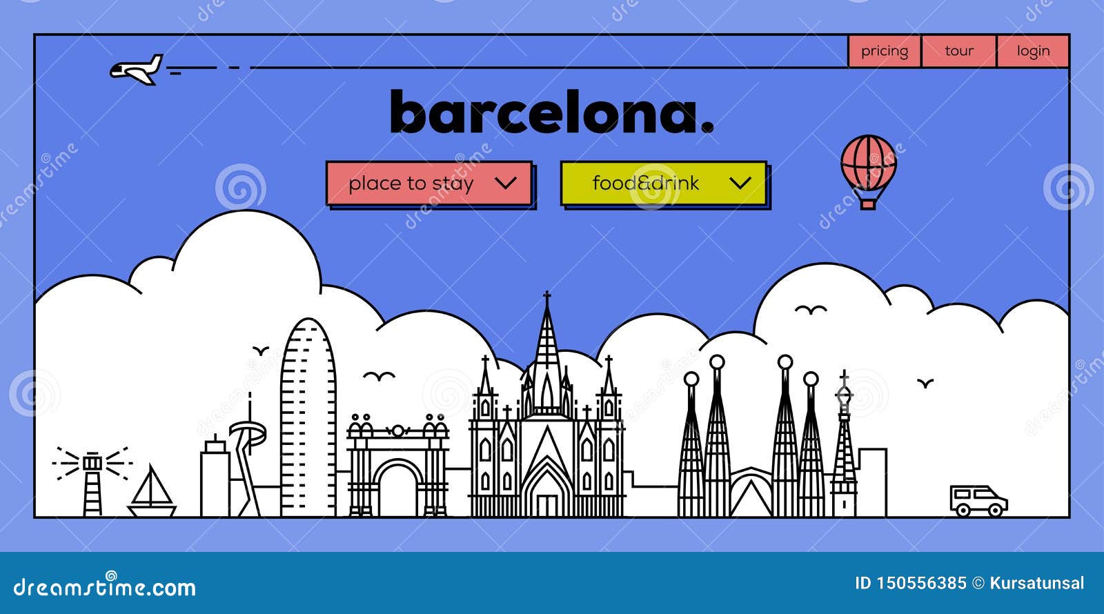 Barcelona Modern Web Banner Design with Vector Linear Skyline Stock ...