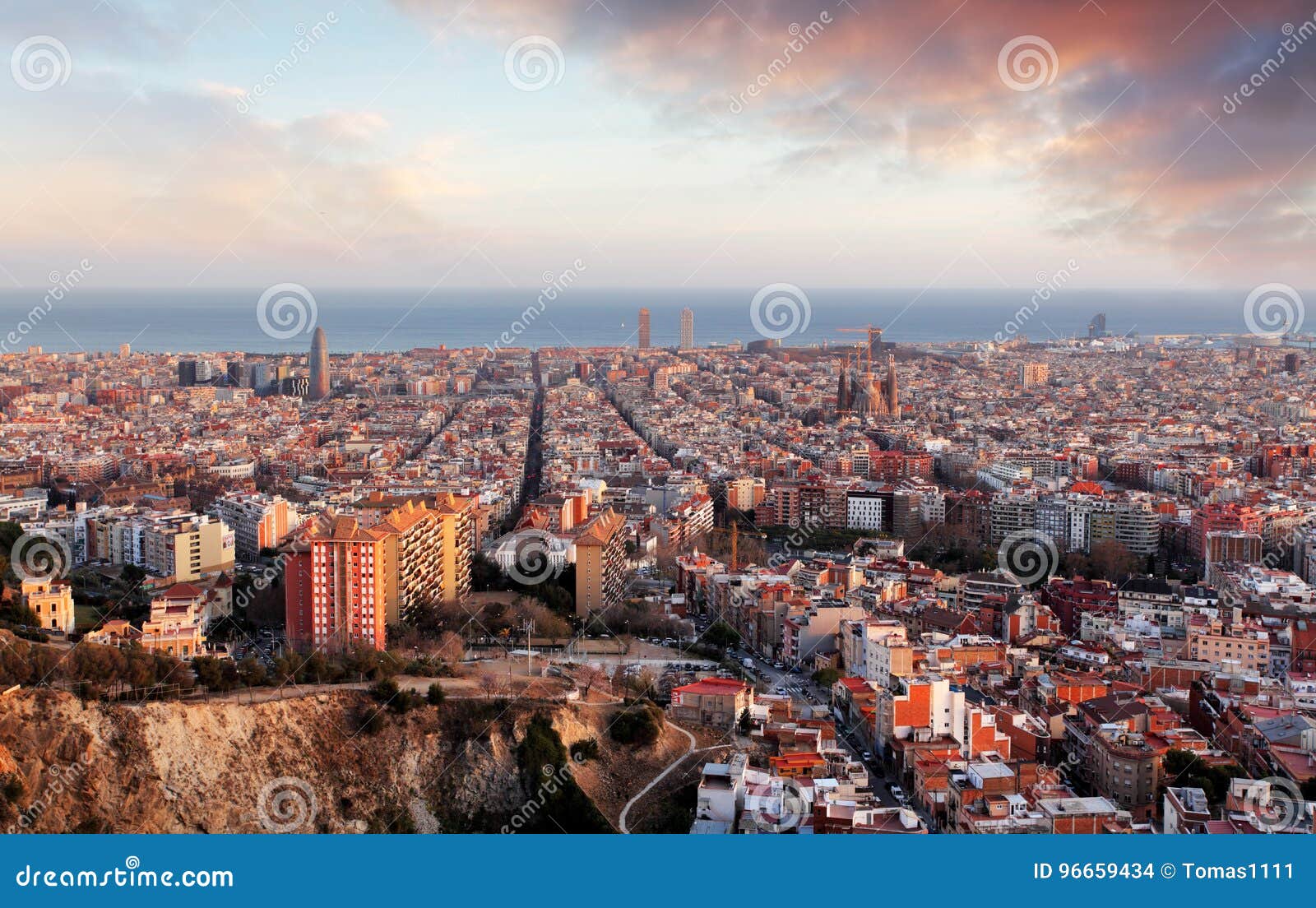 Barcelona Panorama at Sunset Editorial Stock Image - Image of panorama ...