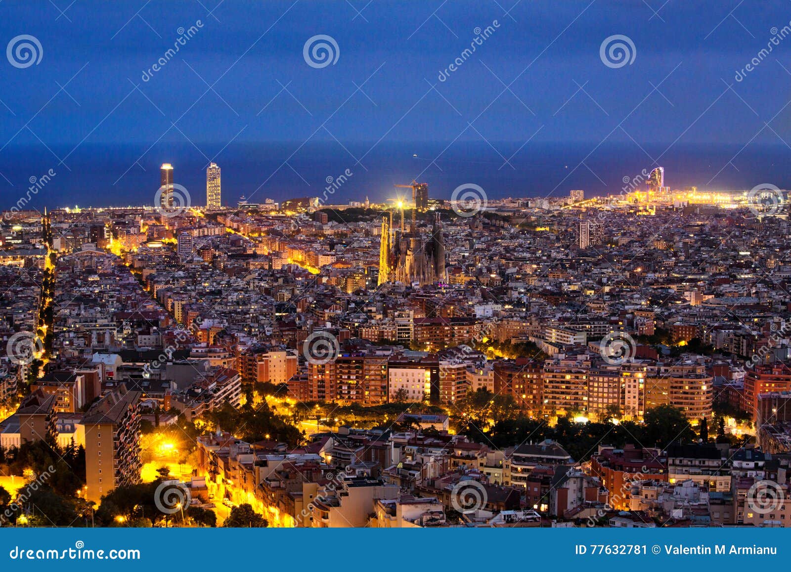 Barcelona skyline night stock image. Image of skyline - 77632781