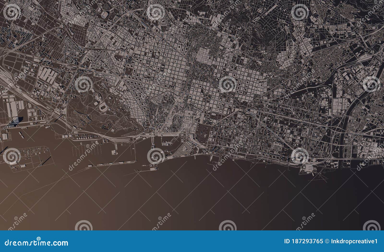 Barcelona, Spain City Map 3D Rendering. Aerial Satellite View Stock ...