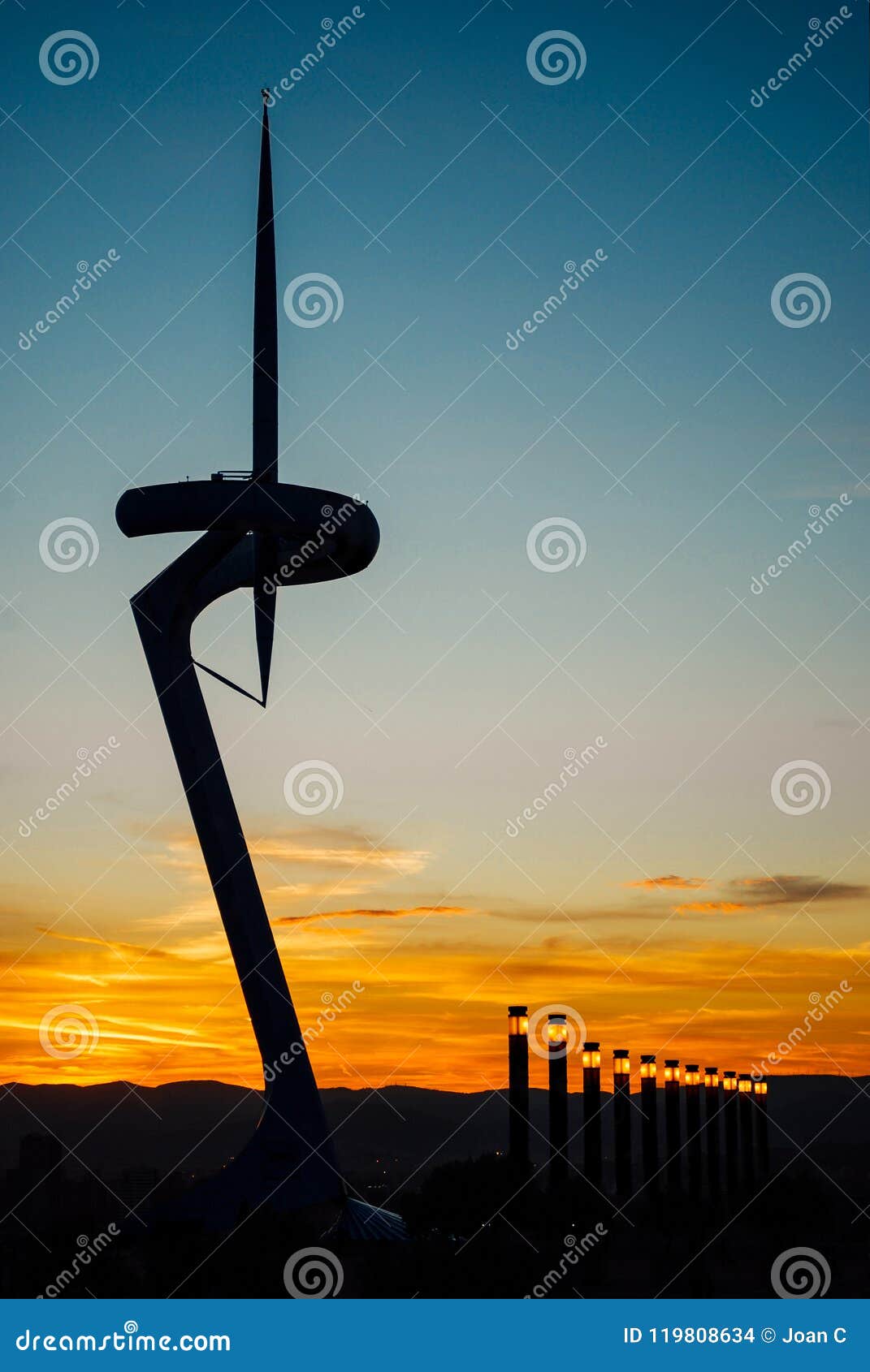 Barcelona Sunset at Montjuic Stadium Stock Photo - Image of colorful ...