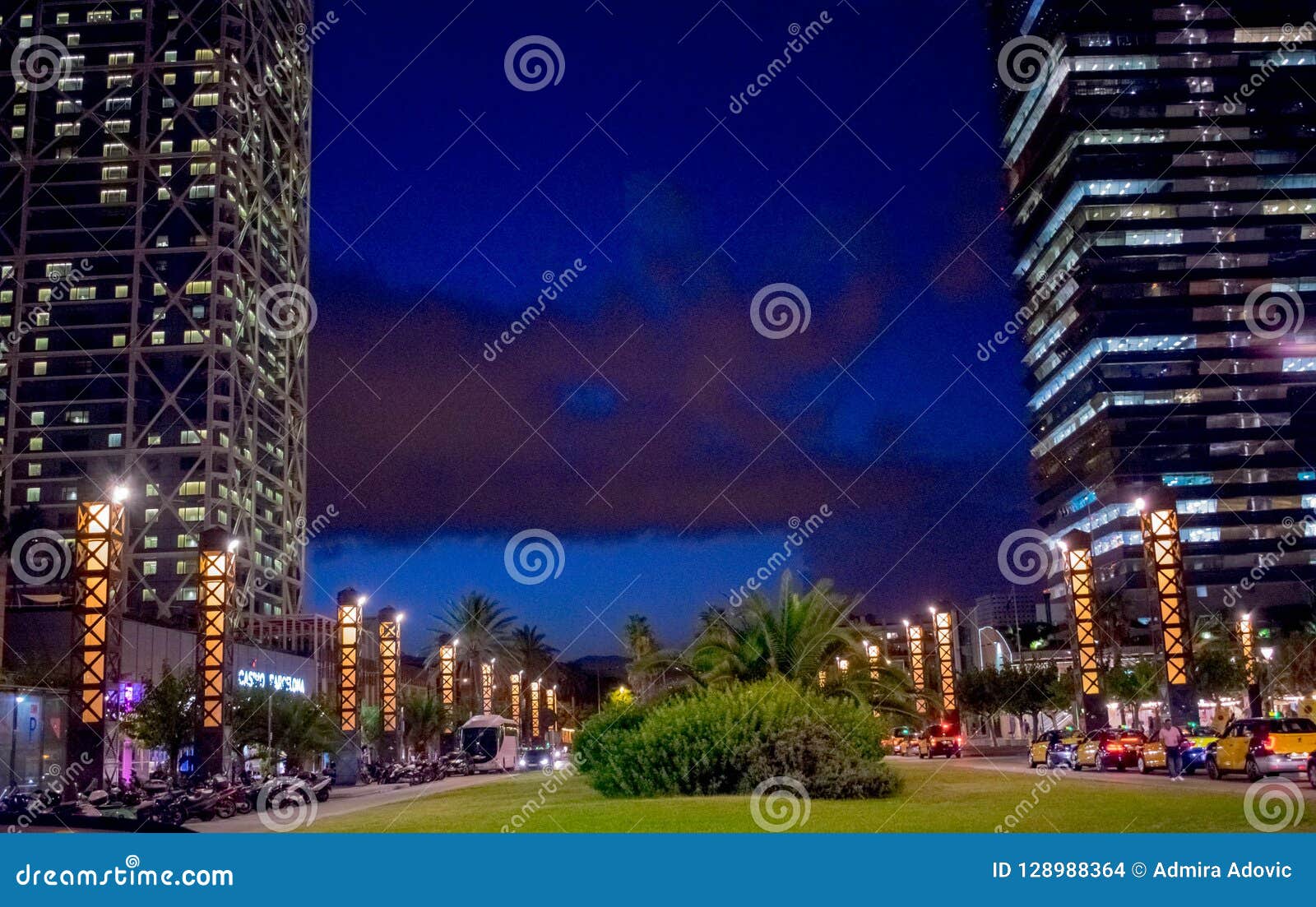 Barcelona Towers at night editorial stock image. Image of forest ...