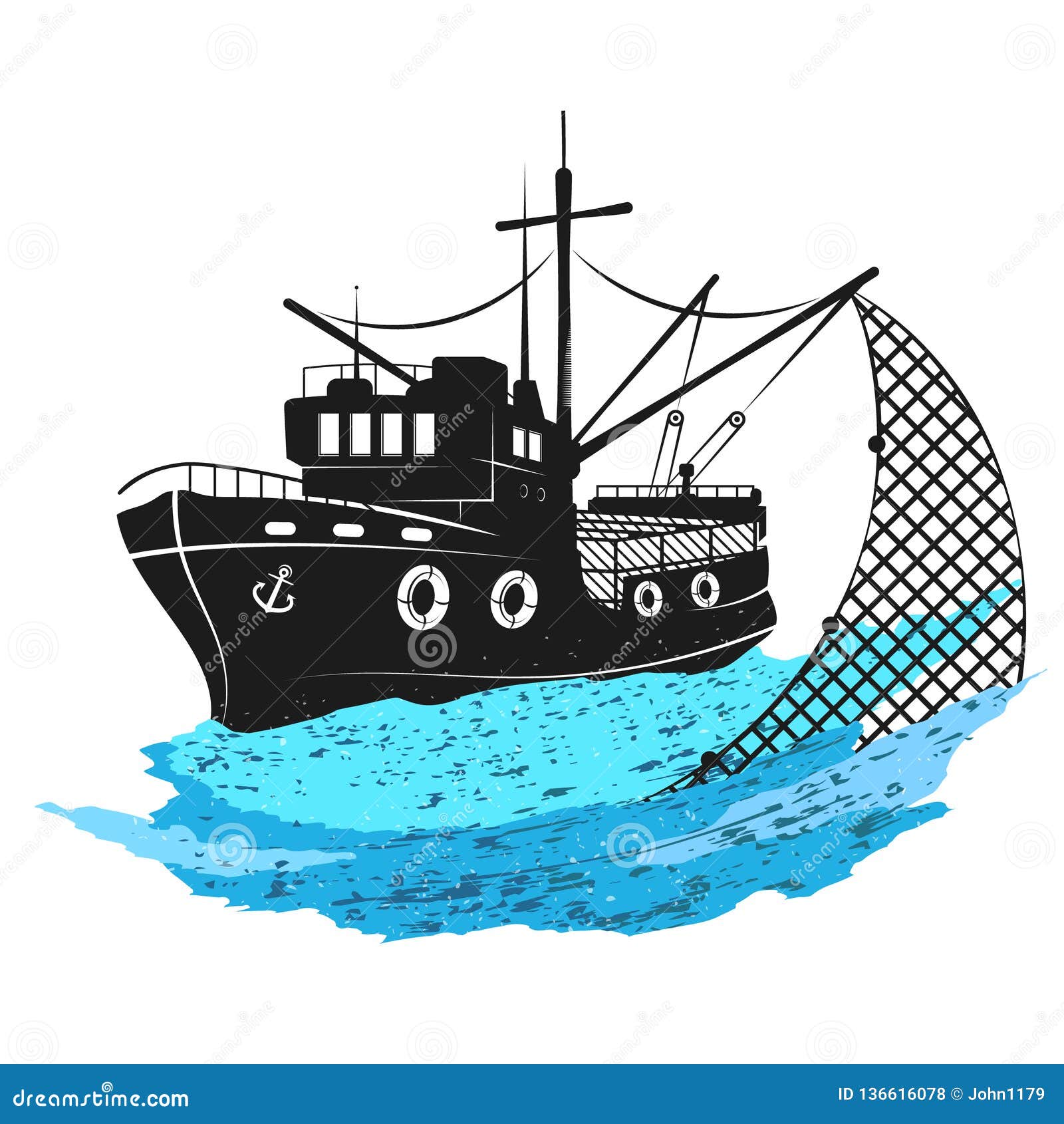 Barco De Pesca Con Las Redes Stock de ilustración - Ilustración de azul ...