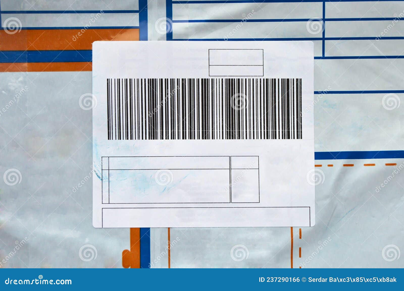 Barcode with Adhesive Label on Blue and Orange Plastic Shipping Bag ...