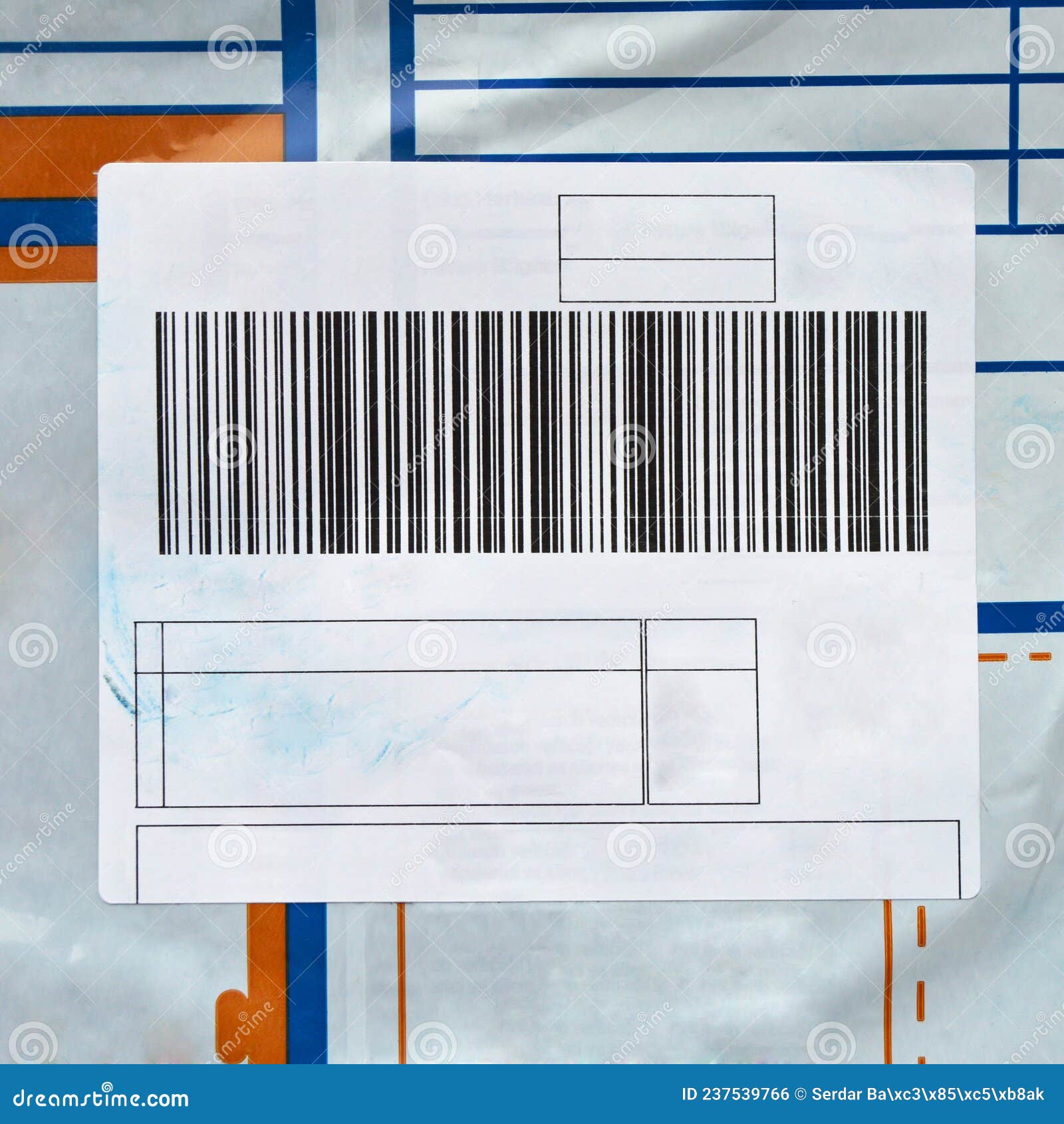 Barcode with Adhesive Label on Blue and Orange Plastic Shipping Bag ...