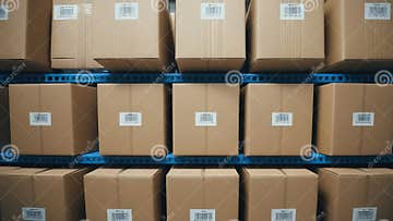 Barcode-labeled Cardboard Boxes on Warehouse Shelves Stock Image ...