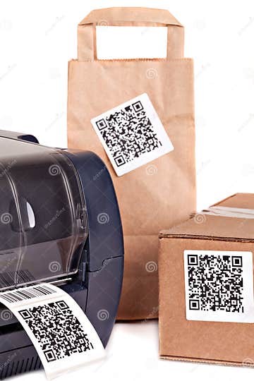 Barcode Printer and Packaging Boxes Marked with a Bar Code Stock Photo ...