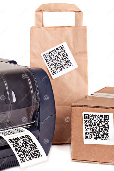 Barcode Printer and Packaging Boxes Marked with a Bar Code Stock Photo ...
