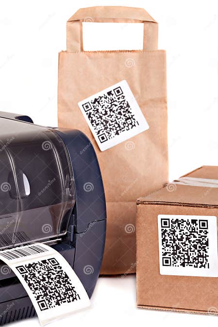 Barcode Printer and Packaging Boxes Marked with a Bar Code Stock Photo ...