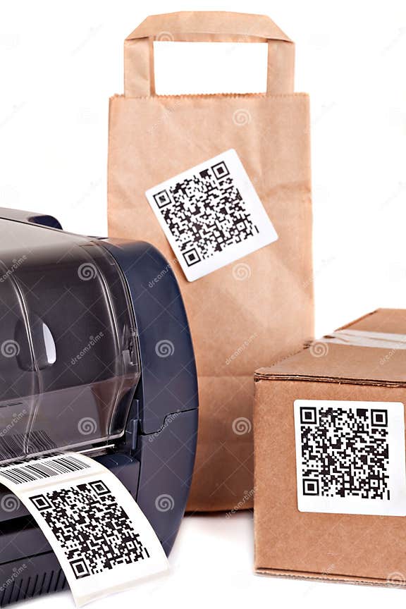 Barcode Printer and Packaging Boxes Marked with a Bar Code Stock Photo ...
