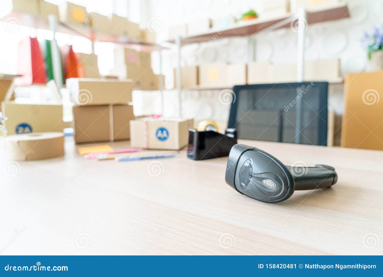 Barcode reader on table stock image. Image of online - 158420481