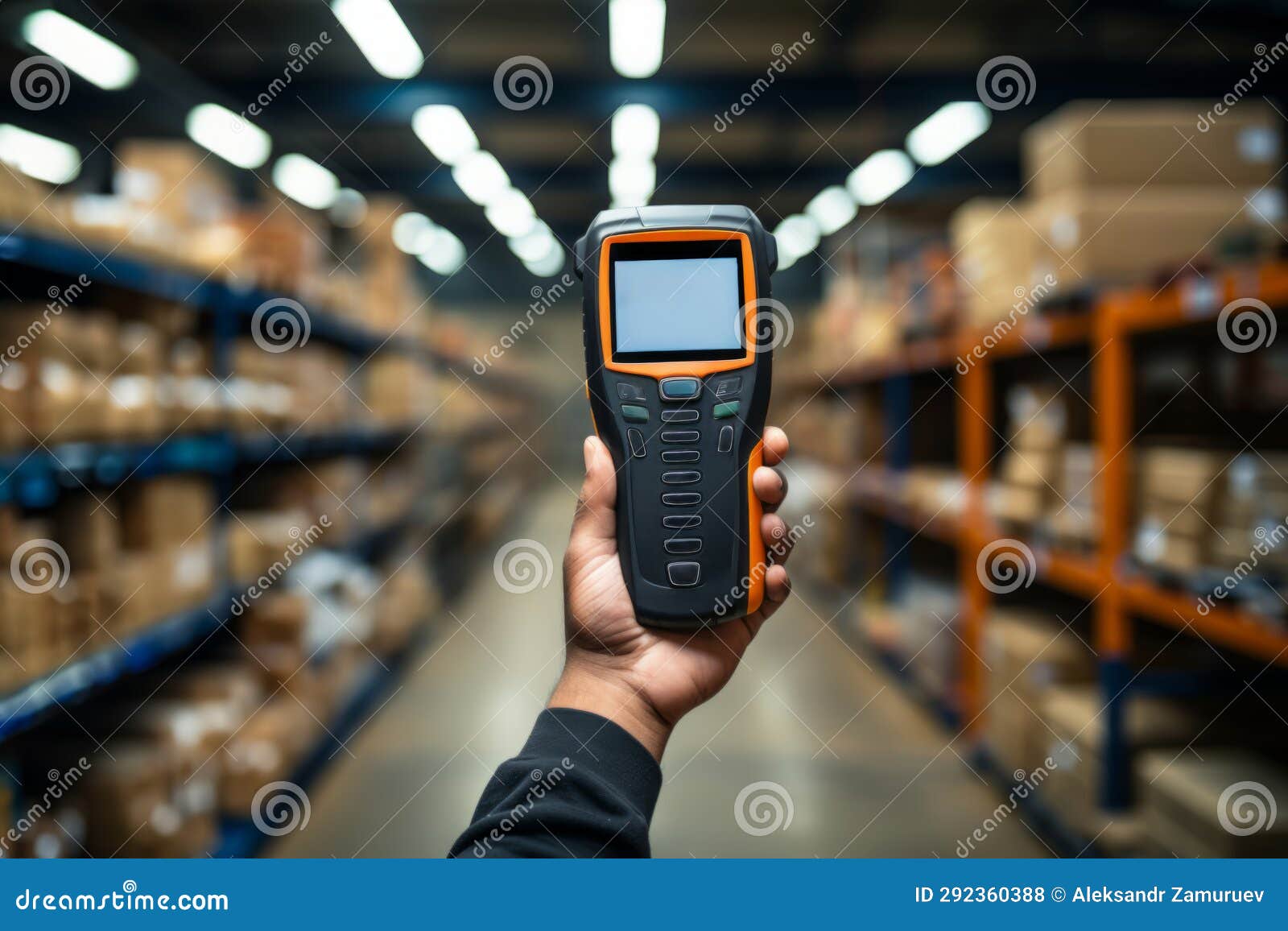 Barcode Scanner in Hand on Warehouse Background. Delivery Shipping ...