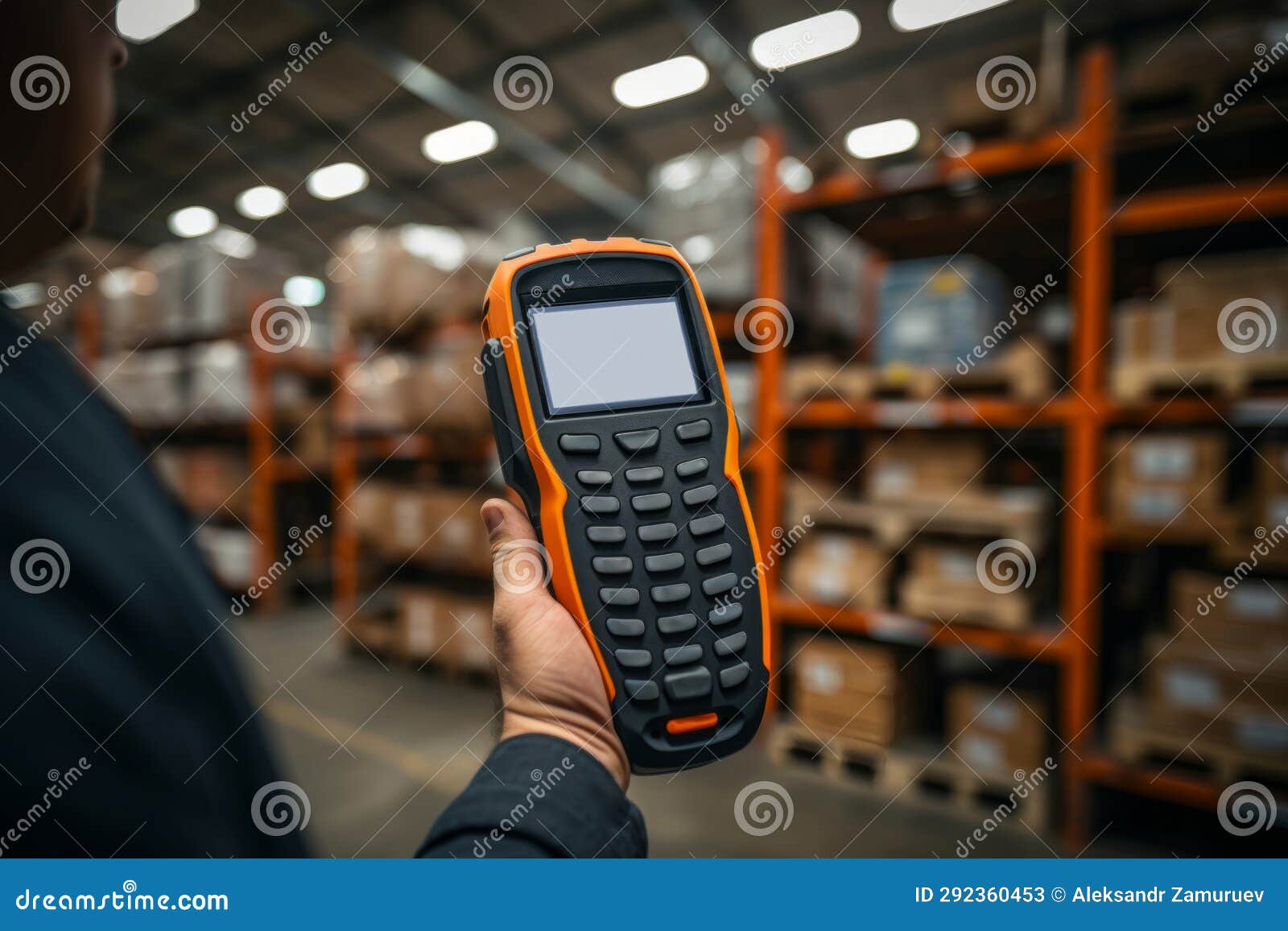Barcode Scanner in Hand on Warehouse Background. Delivery Shipping ...