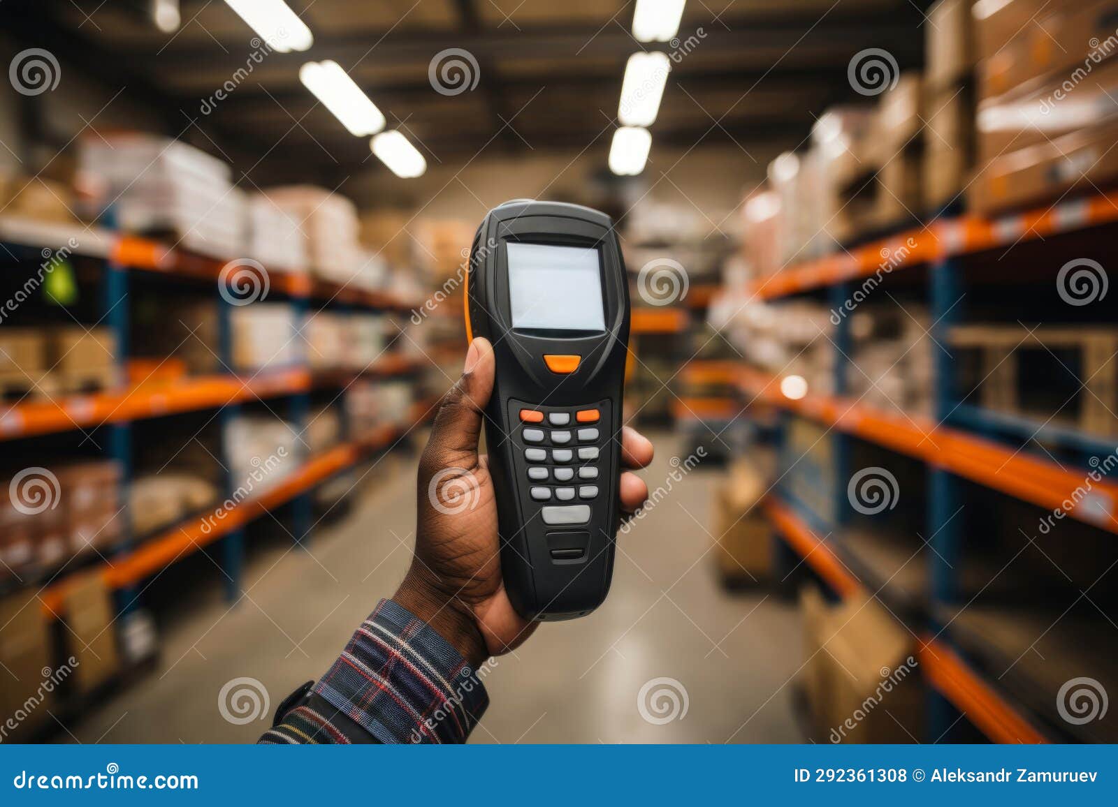 Barcode Scanner in Hand on Warehouse Background. Delivery Shipping ...