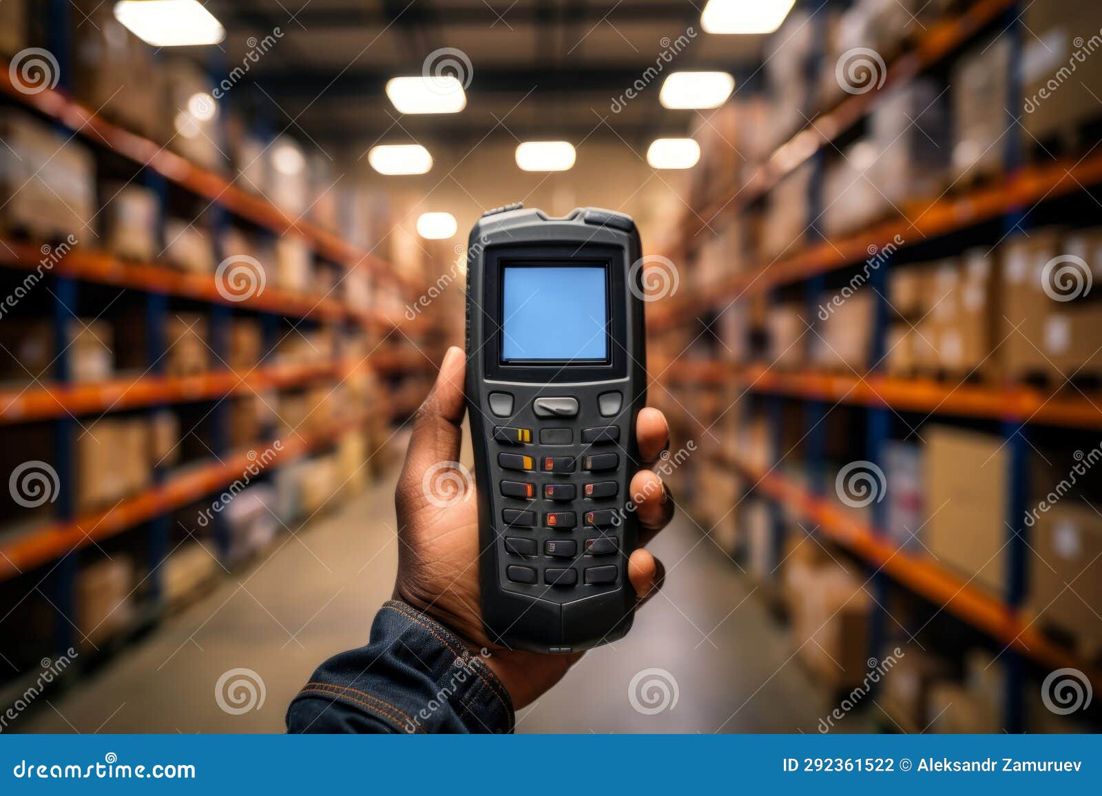 Barcode Scanner in Hand on Warehouse Background. Delivery Shipping ...
