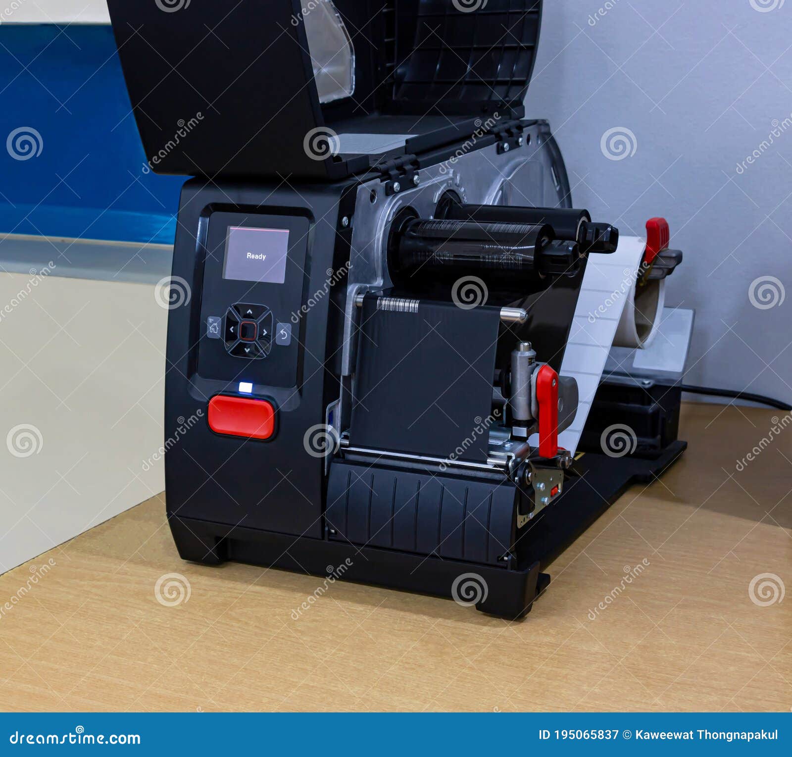 Barcode Sticker Printing Machine. Black Machine With Ribbon In Machine ...