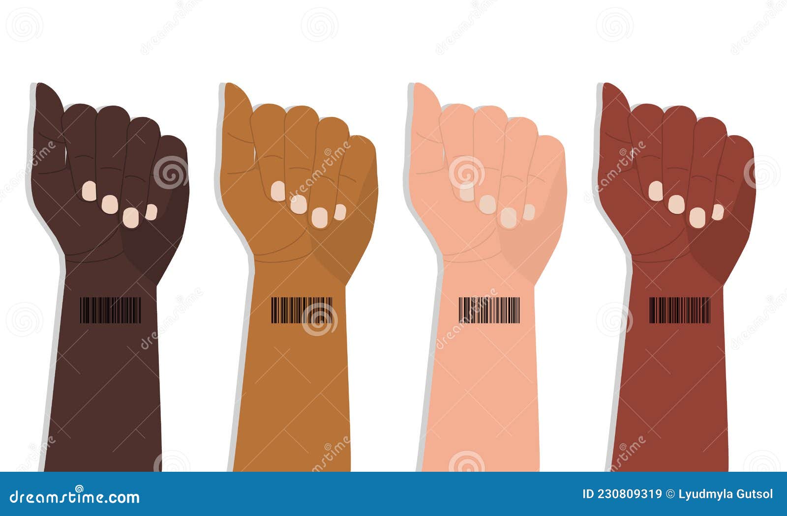 Barcode on Wrist of Human Hands. Hands with Different Skin Colors are ...