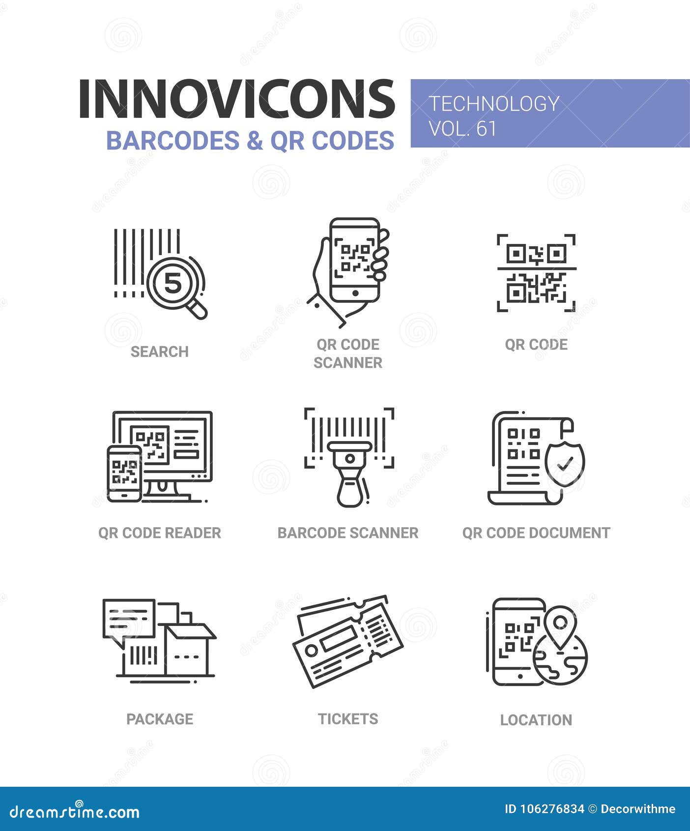 Barcodes Line Icons. Ticket With QR Code And Mobile Application With ...