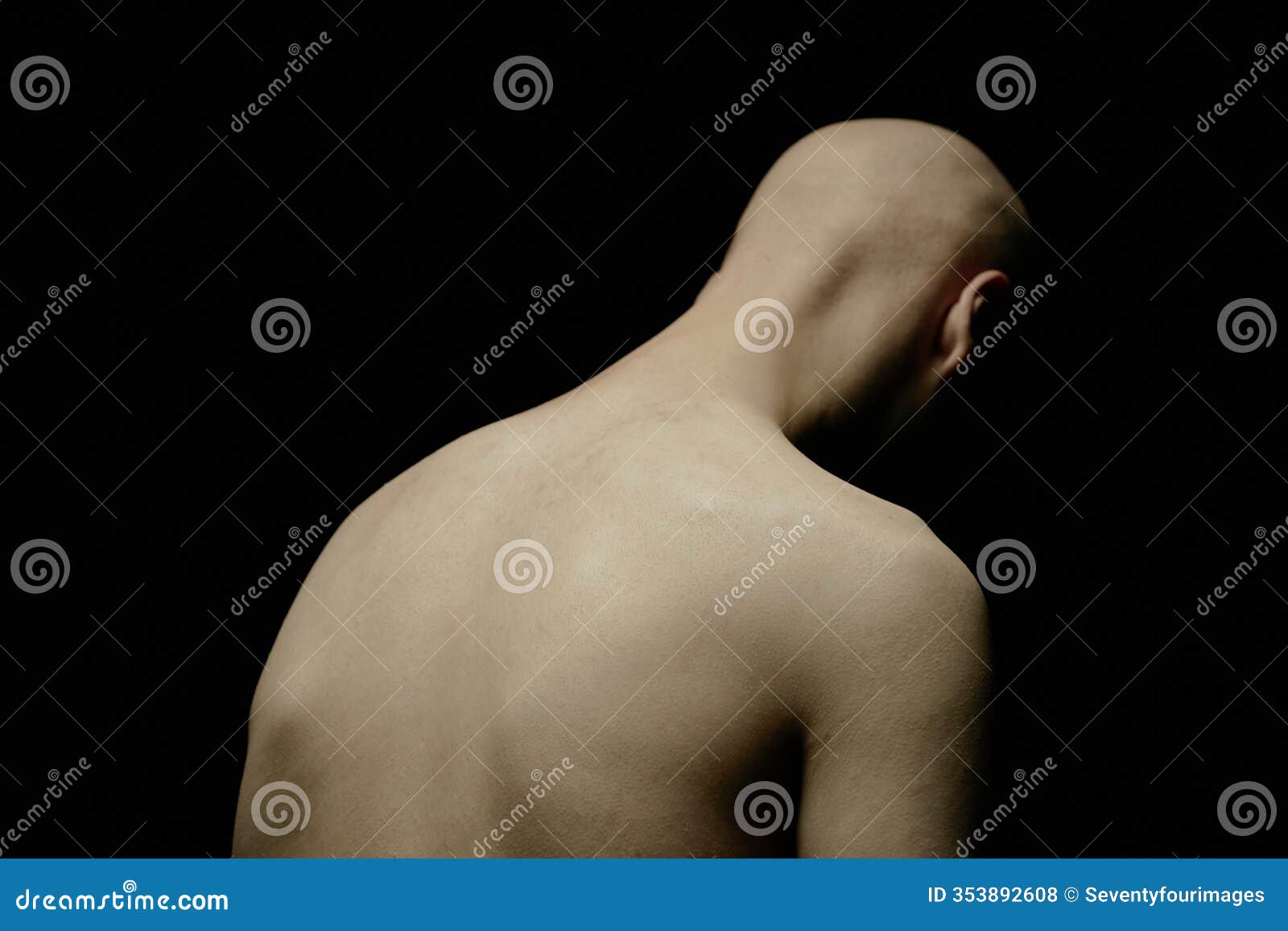 Bare Back of Pale Bald Man in Feeling of Despair Looking Down in Dark ...