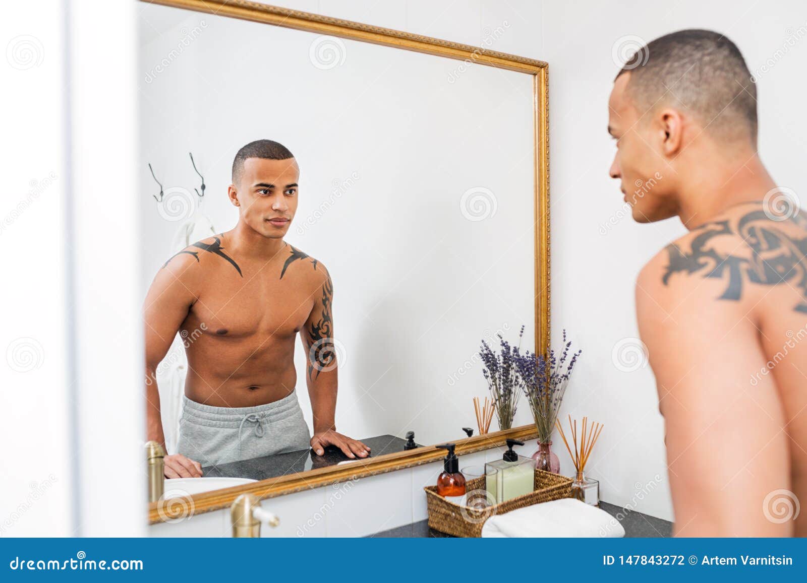 Bare-chested Man Examining His Face Stock Photo - Image of hygiene ...