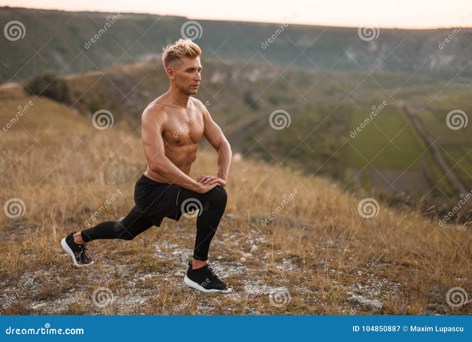 Bare-chested Man Lunging in Nature Stock Image - Image of torso, adult ...