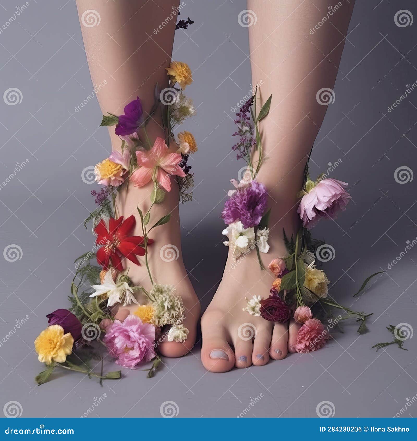 Bare Feet in Flowers. Concept of Pedicure Stock Illustration ...