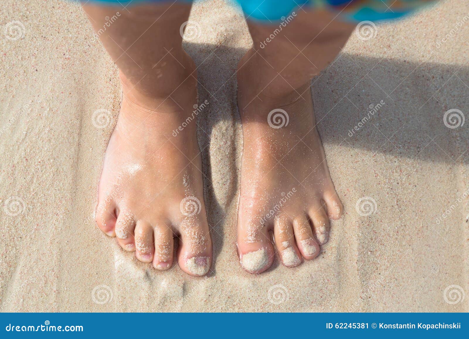 Bare Feet Little Kid Stand on the Beach, Top View Stock Image - Image ...