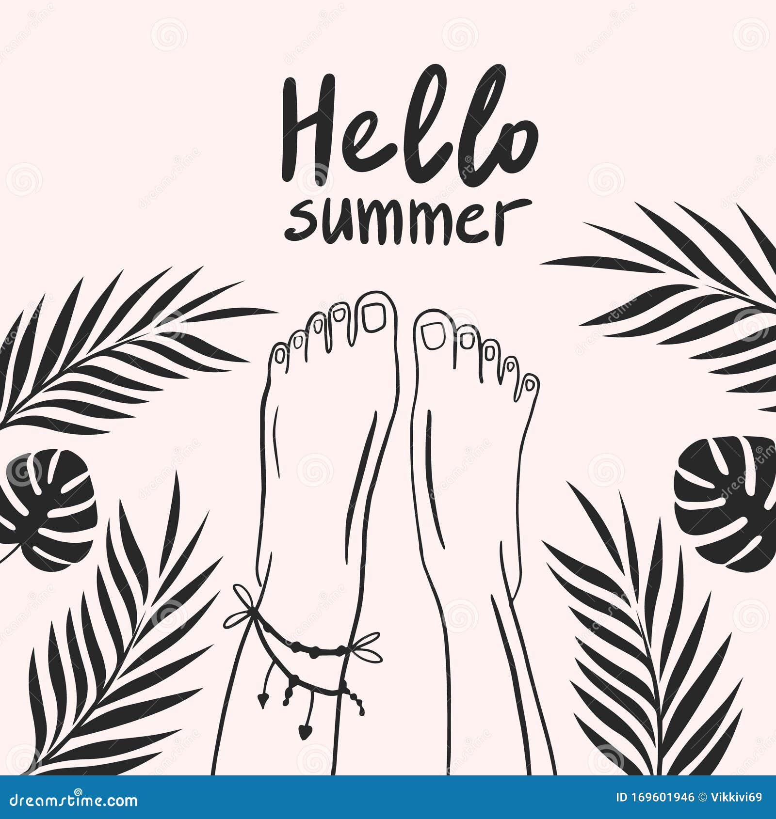 Bare Feet with Tropical Leaves. Tropical Leaves. Hello Summer Stock ...