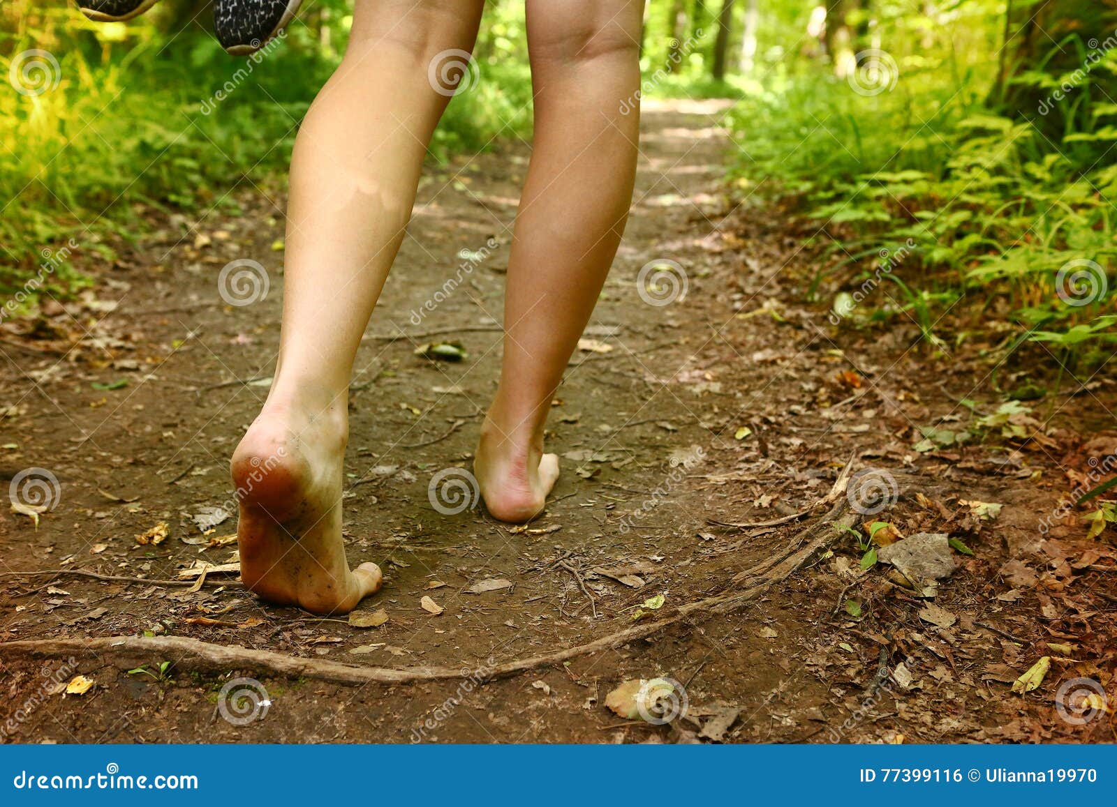 Bare Feet Walking Along Forest Way Close Up Photo Stock Photo - Image ...