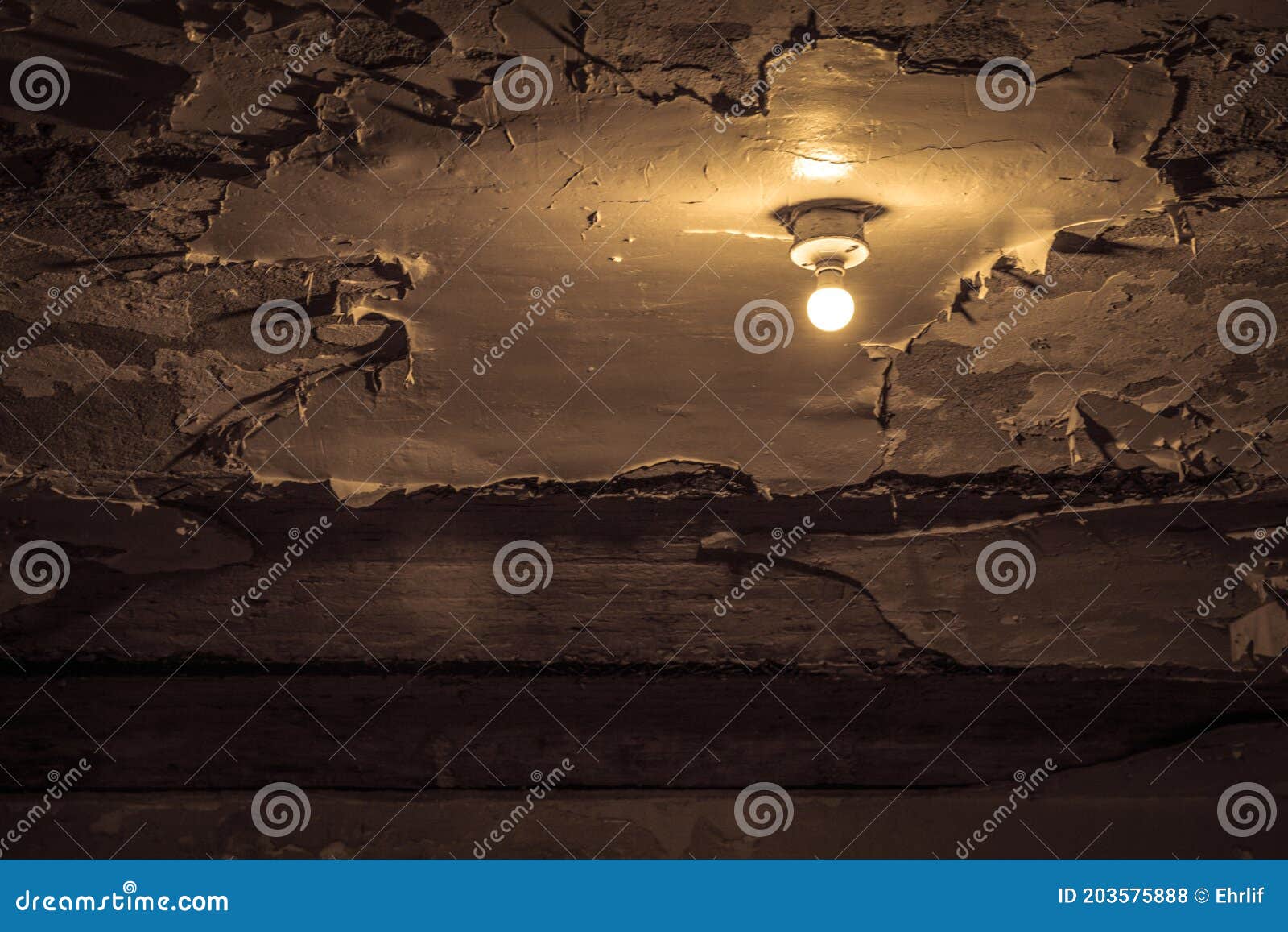 Bare Light Bulb on Water Damaged Ceiling Stock Photo - Image of dirty ...