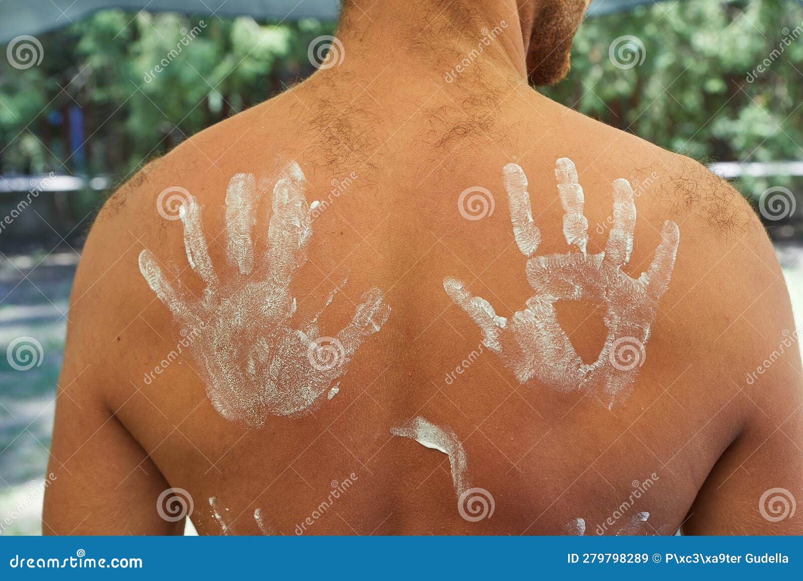 Bare Man Back Hand Marked Sunscreen Stock Image - Image of urukhai ...