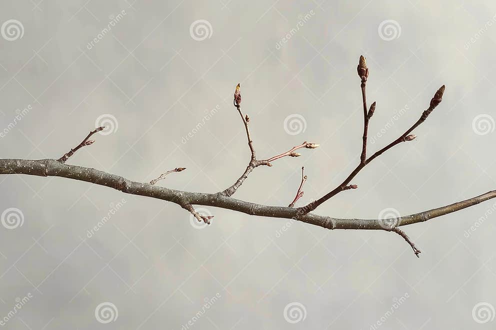 Bare Tree Branch with Small Buds Growing in Spring Stock Image - Image ...