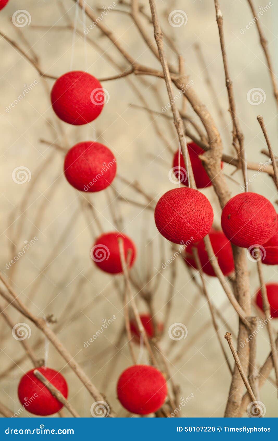 Bare Tree Branches with Hanging Red String Balls Stock Photo - Image of ...