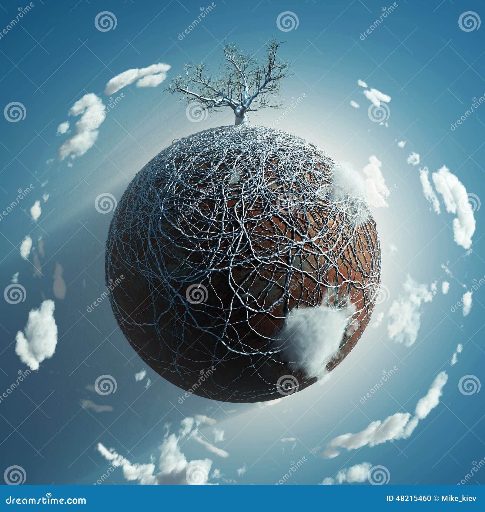 Bare tree on small planet stock illustration. Illustration of concept ...