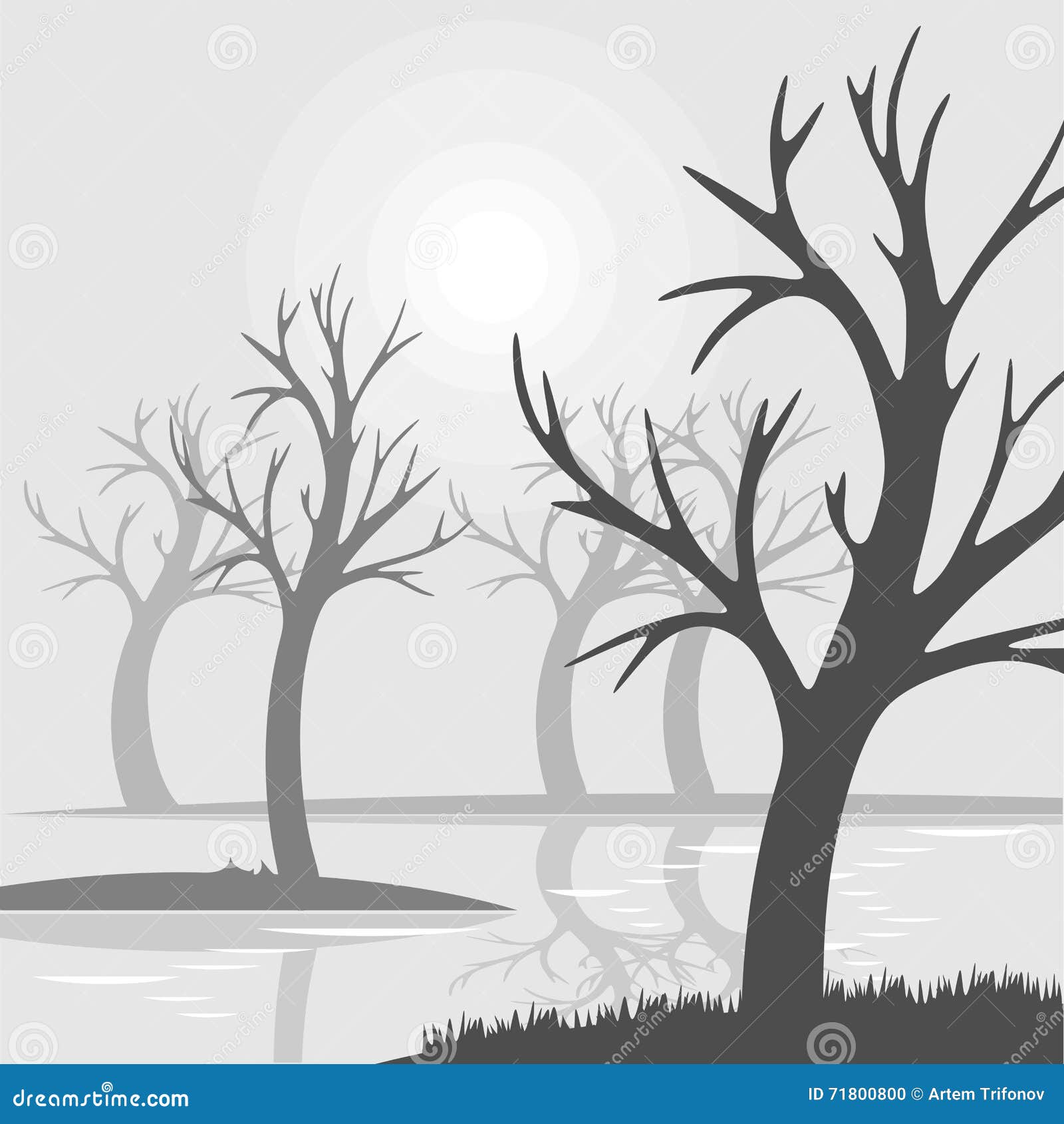 Bare Trees on a Swamp Fog with Reflection in Water Stock Vector ...