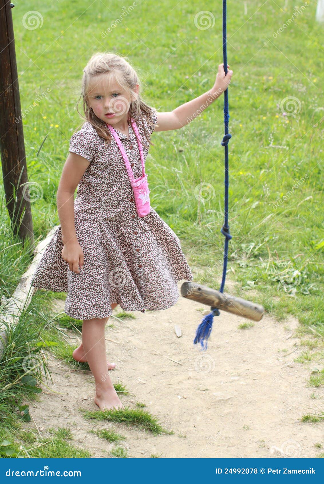 Barefoot Girl Holding a Swing Stock Photo - Image of green, flower ...