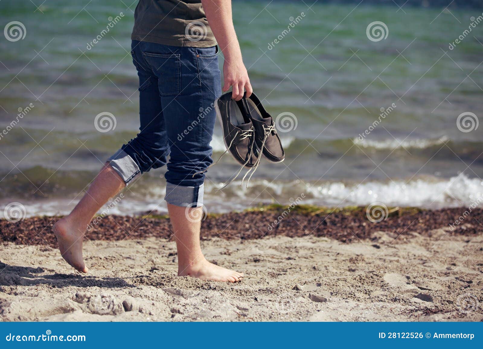 Barefoot Man Walking Along the Sandy Beach Stock Photo - Image of alone ...