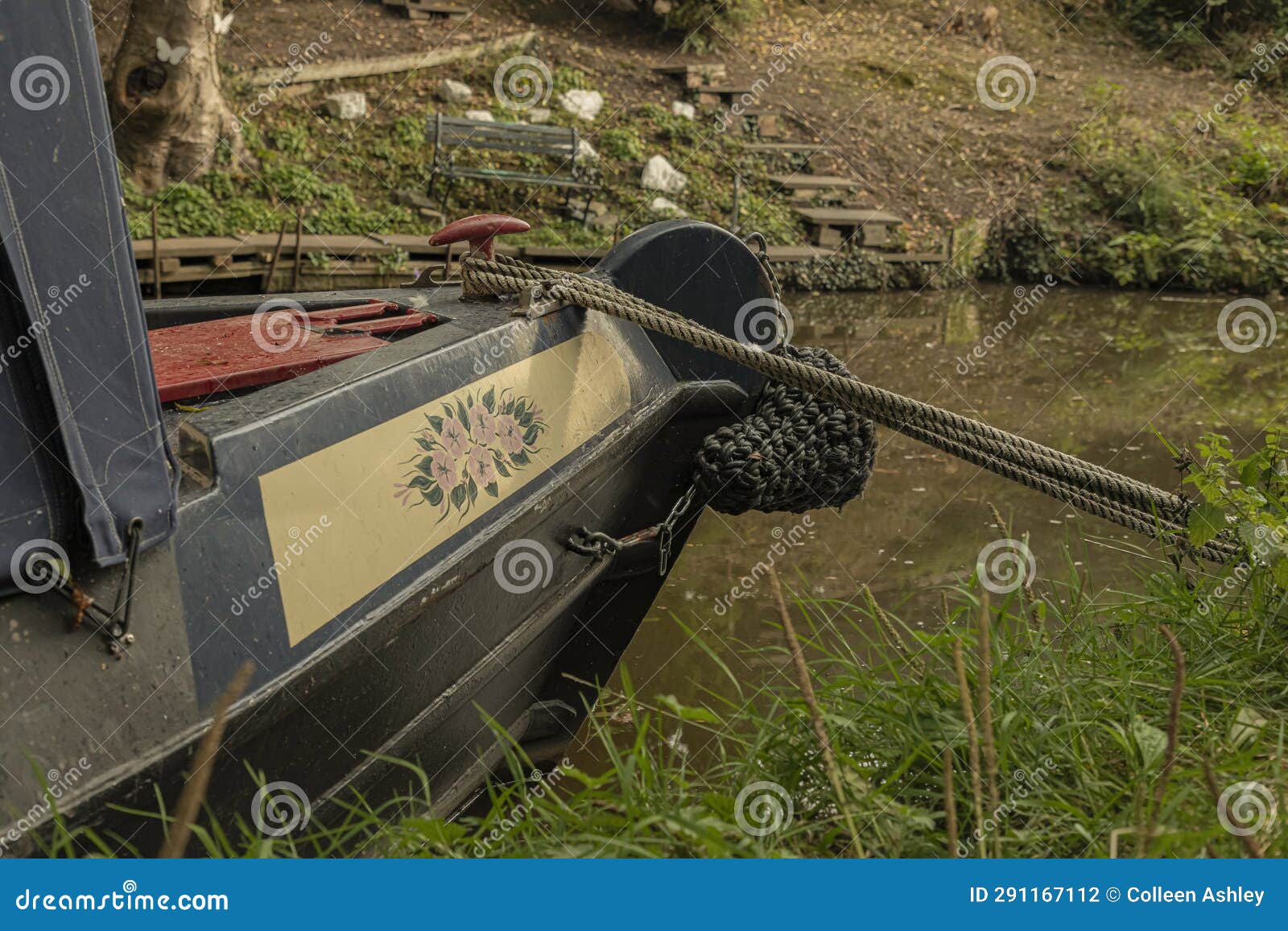 Barge Boat on a Canal with Front Moored To the Side Stock Photo - Image ...