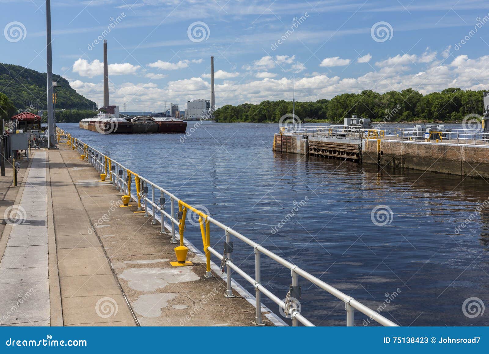 Barge Entering Lock and Dam Stock Image - Image of clouds, transport ...