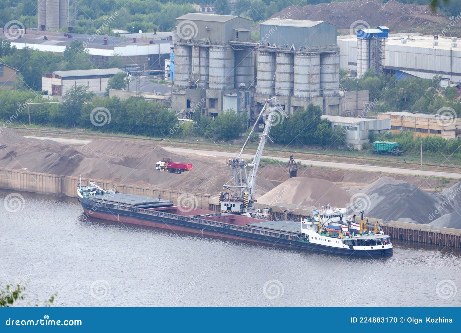 Barge on the River Unloading River Sand from a Barge Navigable River ...