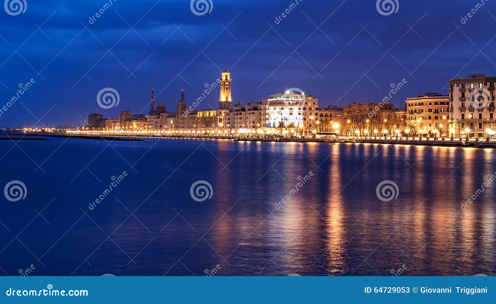 Bari Night Cityscape and Seafront. City Lights at Evening Stock Image ...