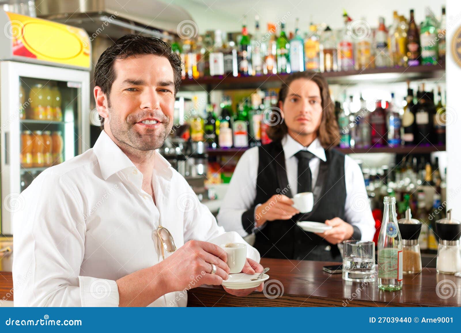 Barista with Client in His Cafe or Coffeeshop Stock Photo - Image of ...