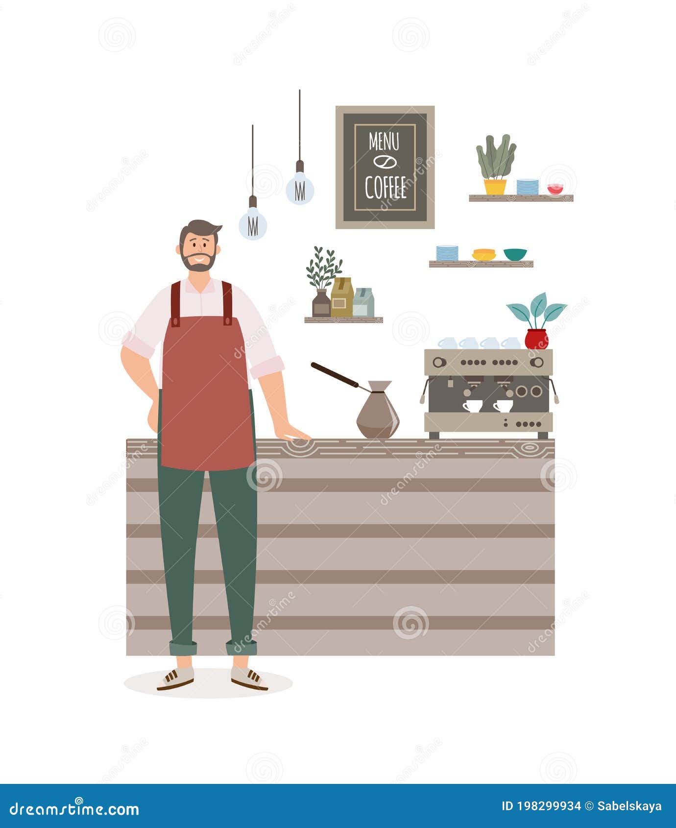 Barista or Coffee Shop Owner in Front of Counter, Flat Vector ...