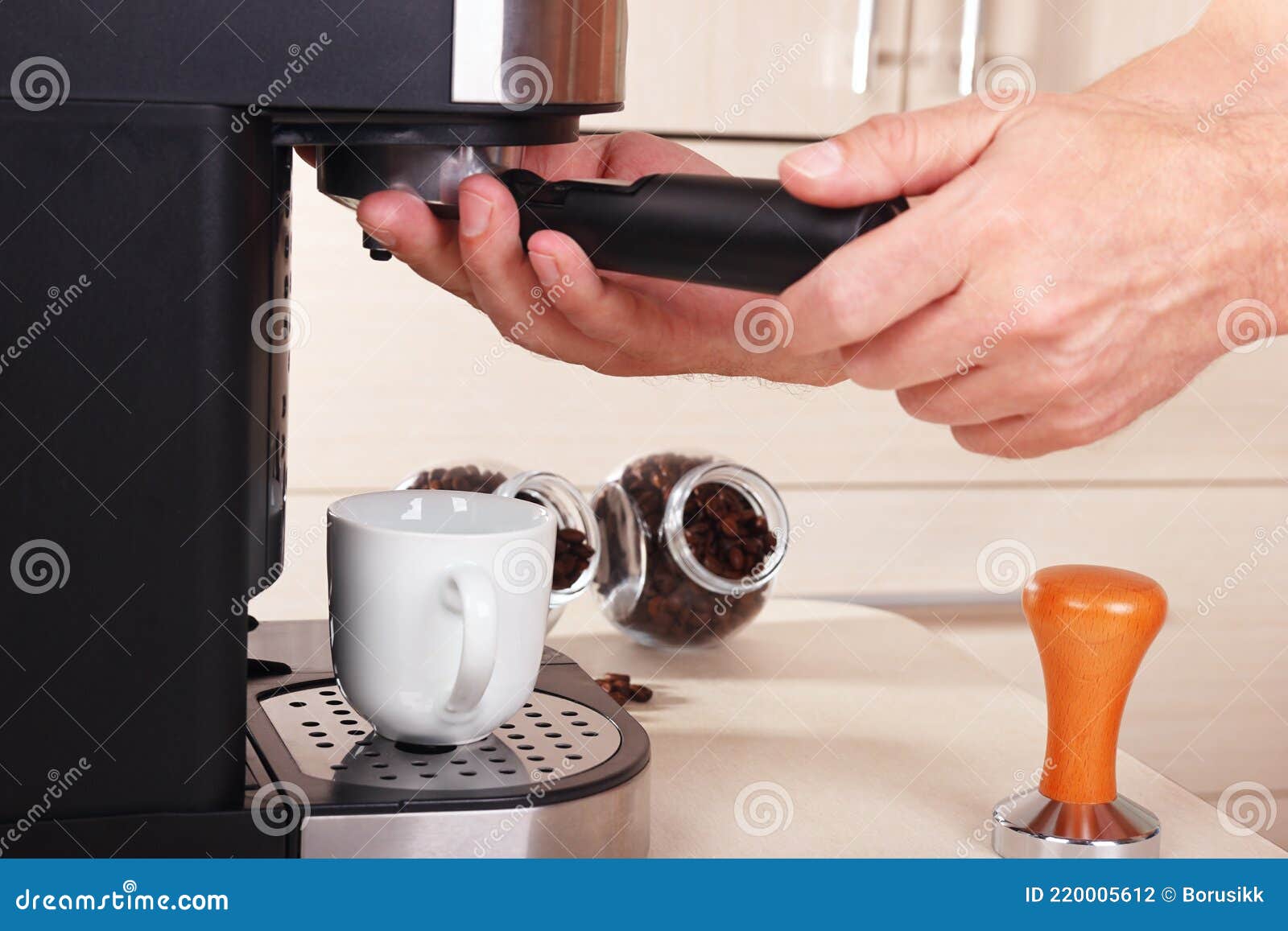 Barista Inserts Holder into Coffee Machine To Make Coffee Stock Photo ...